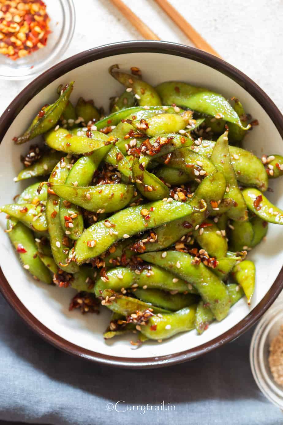 Spicy Garlic Edamame- Curry Trail